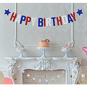 4th of July Happy Birthday Banner, Independence Day Birthday Party Decorations, Patriotic Independence Day Themed Birthday Decorations Blue Red White Glitter