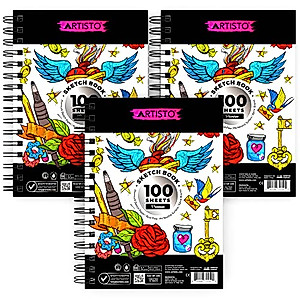 Artisto 5.5X8.5” Premium Sketch Book Set, Pack of 3 (300 Sheets), 84lb (125g/m2), Spiral Bound, Acid-Free Drawing Paper, Perfect for Most Dry Media, Ideal for Kids, Teens & Adults.