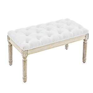 LOULENS French Vintage Bench, Linen Fabric Entryway Bench, Upholstered Tufted End of Bed Bench with Brushed Wood Legs, White