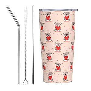 Yaxongx 20oz Tumbler Cute Love Koala Double Wall Vacuum Insulated Coffee Mug with Lid and Metal Straw Brush Reusable Stainless Steel Water Bottle Travel Cup Gifts for Car Ice Drinks Hot Beverage