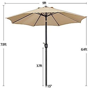 Yaheetech 9FT Garden Table Umbrella with 30lb Base, Patio Market Umbrella with Push Button Tilt, Crank and 8 Sturdy Ribs, Outdoor Umbrella w/Base Included Heavy Duty - Tan