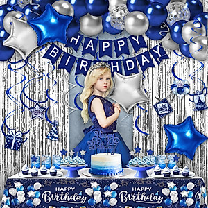 Navy Blue and Silver Birthday Decorations for Men Birthday Decorations for Boys Contain Banner Balloons Fringe Curtains Hanging Swirls Tablecloth Cake Topper Birthday Party Supplies for Men & Boys