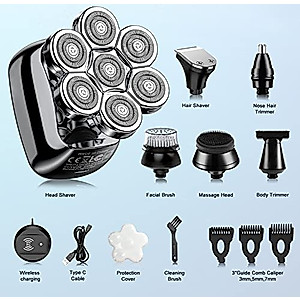 Head Shaver for Men, Electric IPX7 Waterproof Wet/Dry Beard Facial Nose Hair Trimmer, 7D Ultimate Mens Cordless Rechargeable Rotary Shaver Razor with Brushes, Combs & Massager, LED Display
