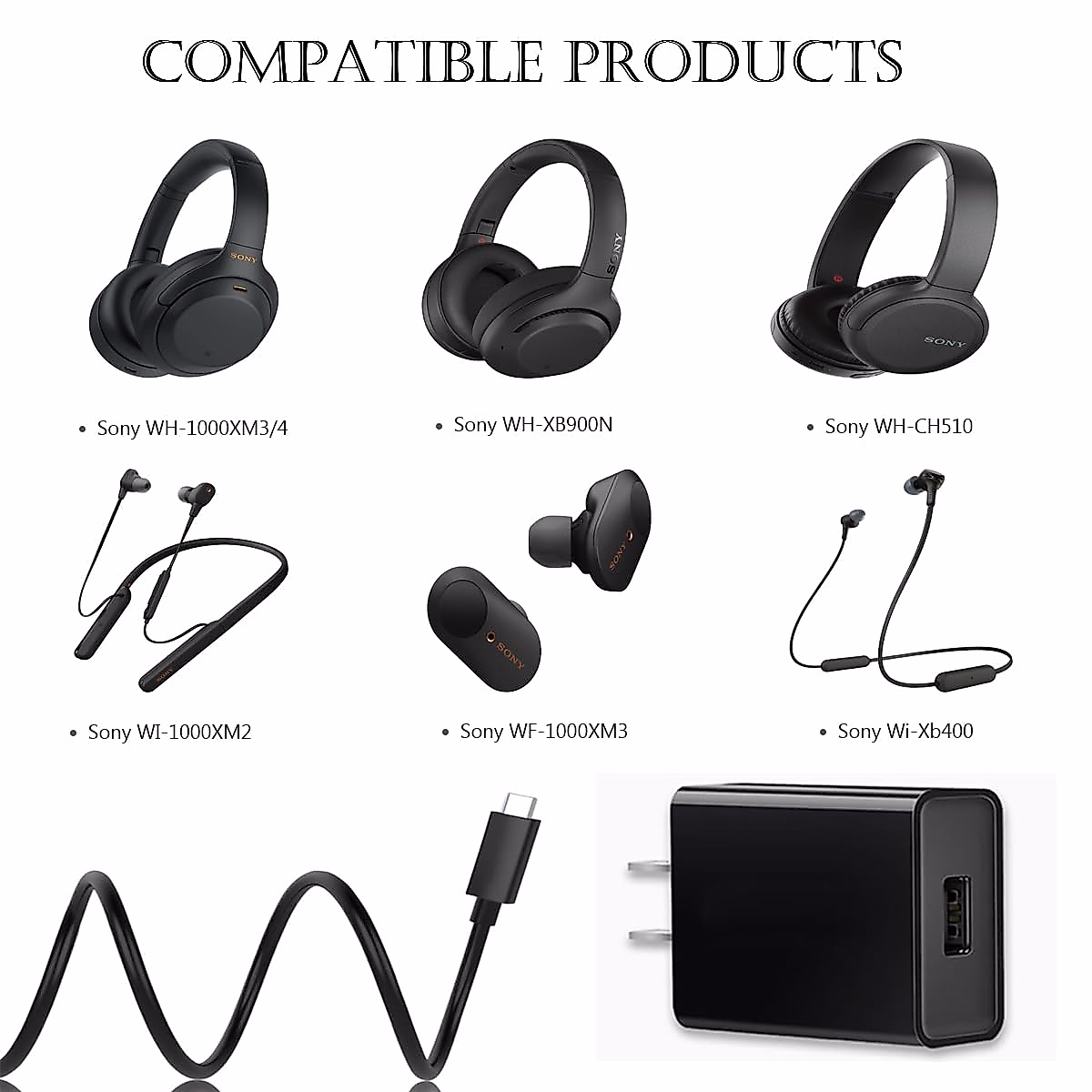 USB C Charger Cable Compatible for Sony WH-1000XM4 WH-1000XM3 WF-1000XM4 WH-XB900N WH-CH510 WI-1000XM2 WI-C200 WI-XB400, WF-1000XM3, AKG Y400 Y600NC Headphones Adapter Charging Cable power cable (5FT)