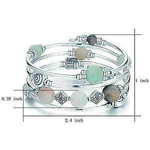 Beaded Pearl Bangle Wrap Bracelet - Fashion Bohemian Jewelry Multilayer Charm Bracelet with Thick Silver Metal Beads, Gift For Women (Green)