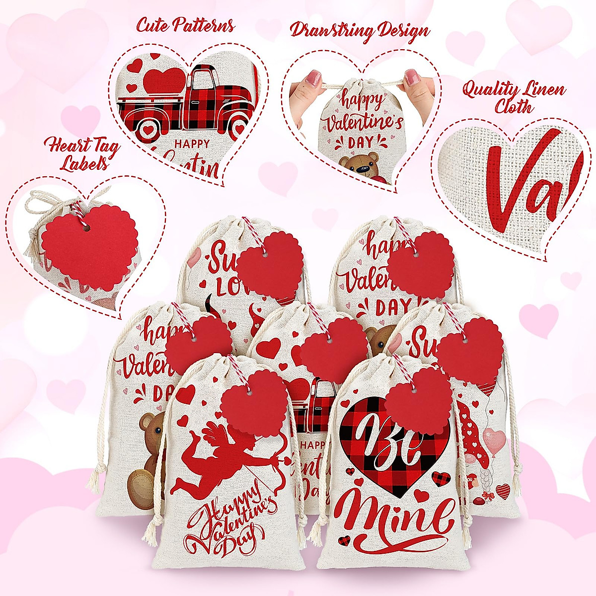 20 Pieces Valentine's Day Gift Bags with Drawstring Linen Cloth Candy Jewelry Pouches Sacks Small Muslin Bags with Heart Tag Labels for Valentine's Day Party Favors Wedding Bridal Shower (4 x 6 Inch)