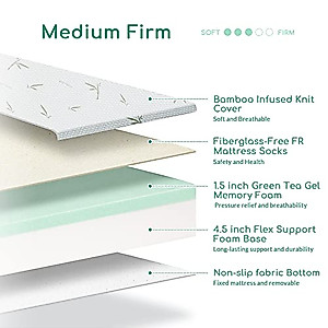 Airdown Twin XL Mattress, 6 Inch Memory Foam Mattress in a Box for Kids with Breathable Bamboo Cover, Medium Firm Green Tea Gel Mattress for Bunk Bed, Trundle Bed, CertiPUR-US Certified, Made in USA