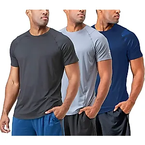 DEVOPS Men's 3-Pack Quick Dry Short Sleeve T-Shirt Sun Protection Running Athletic Workout Active Shirts (Medium, Charcoal/Navy/Steel)