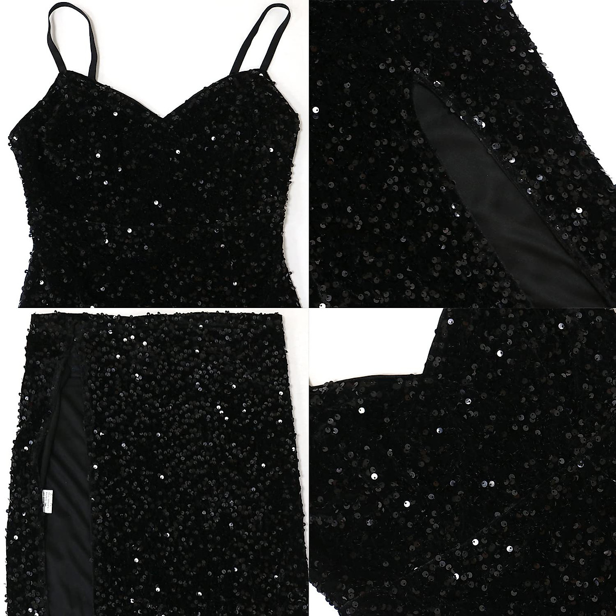 Ranfare Women's Sexy V Neck Bodycon Sequin Gown Evening Dress with Slit (Black-3-L)