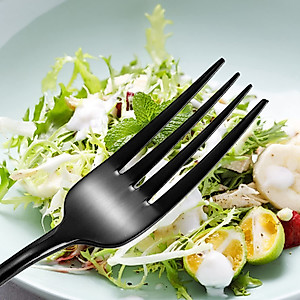 Black Spoons and Forks Set, Set of 16 Top Food Grade Stainless Steel Forks and Spoons Silverware Set, Kitchen Accessories Forks (8 Inch) and Spoons (6.69 Inch) Cutlery Set, Mirror Finish