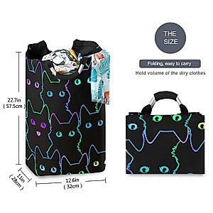 Aslsiy Neon Cats Black Laundry Basket Laundry Hamper with Handles Storage Basket Clothes Bucket Washing Bin Dirty Toy Baskets for Bathroom 50L