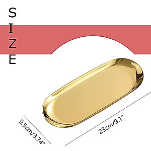 2 Pack Oval Decorative Brass Trays with Mirror Finish, 9”Small Gold Tray with Curved Lip, Dessert Table Serving Platter Vanity Jewelry Metal Tray for Desktop, Exxacttorch