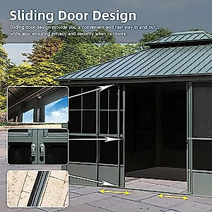 Domi 12x14FT Sunroom,Solarium Aluminum Hardtop Gazebo with Galvanized Steel Double Roof, Lockable Screen House,Moveable PC Screen&Sliding Door for Patio Deck Backyard Lawn