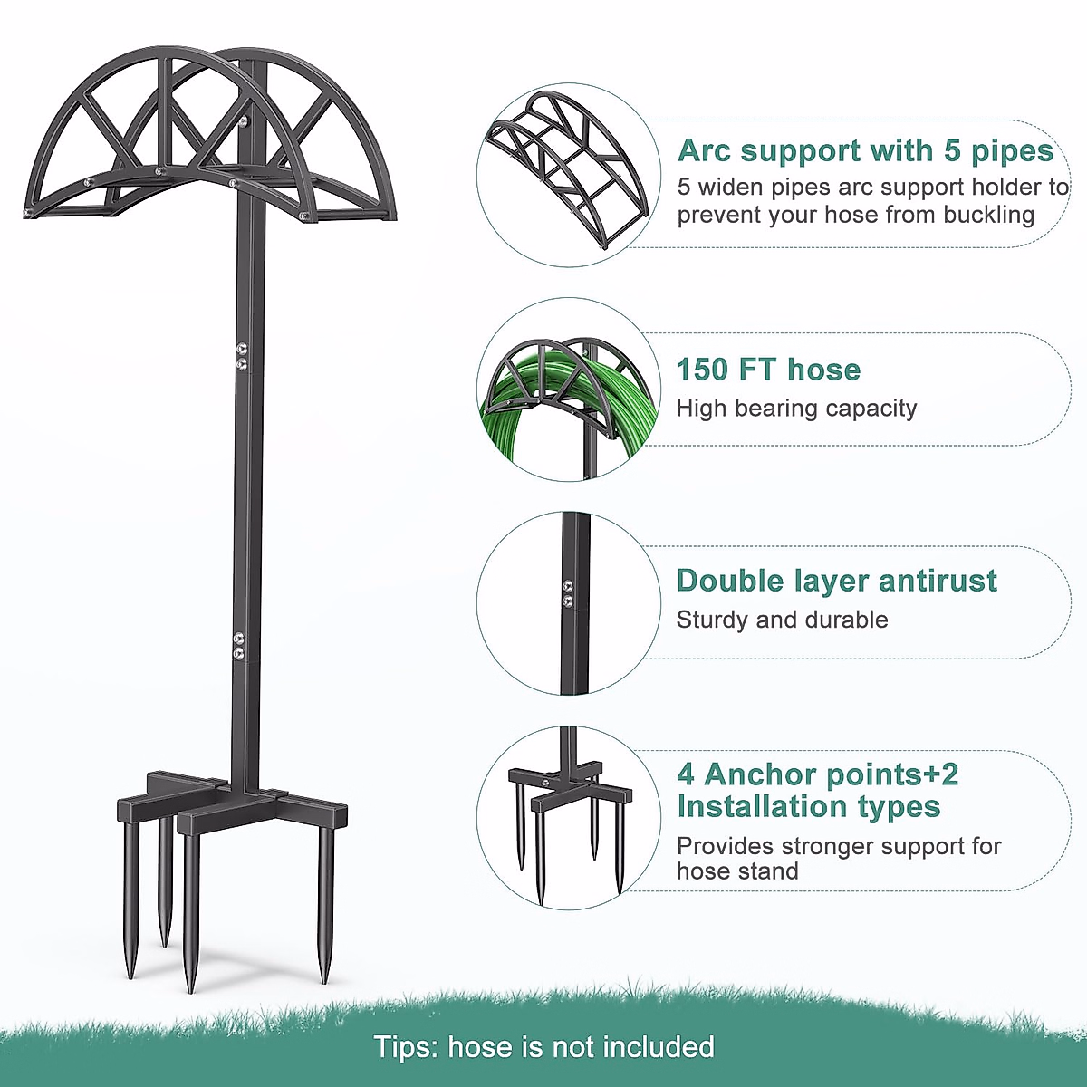 Keten Garden Hose Holder, 4 Spikes Freestanding Outdoor Hose Stand, Heavy Duty Water Hose Holder Rack and Storage Organizer for Lawn/Yard/Garden