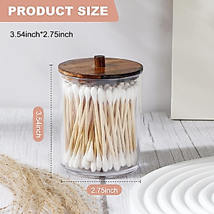 Temoyj 4 Pack Qtip Holder Dispenser with Wood Lids - 10 oz Clear Plastic Apothecary Jar Containers for Vanity Makeup Organizer Storage - Bathroom Accessories Set for Cotton Swab,Pads, Ball, Floss