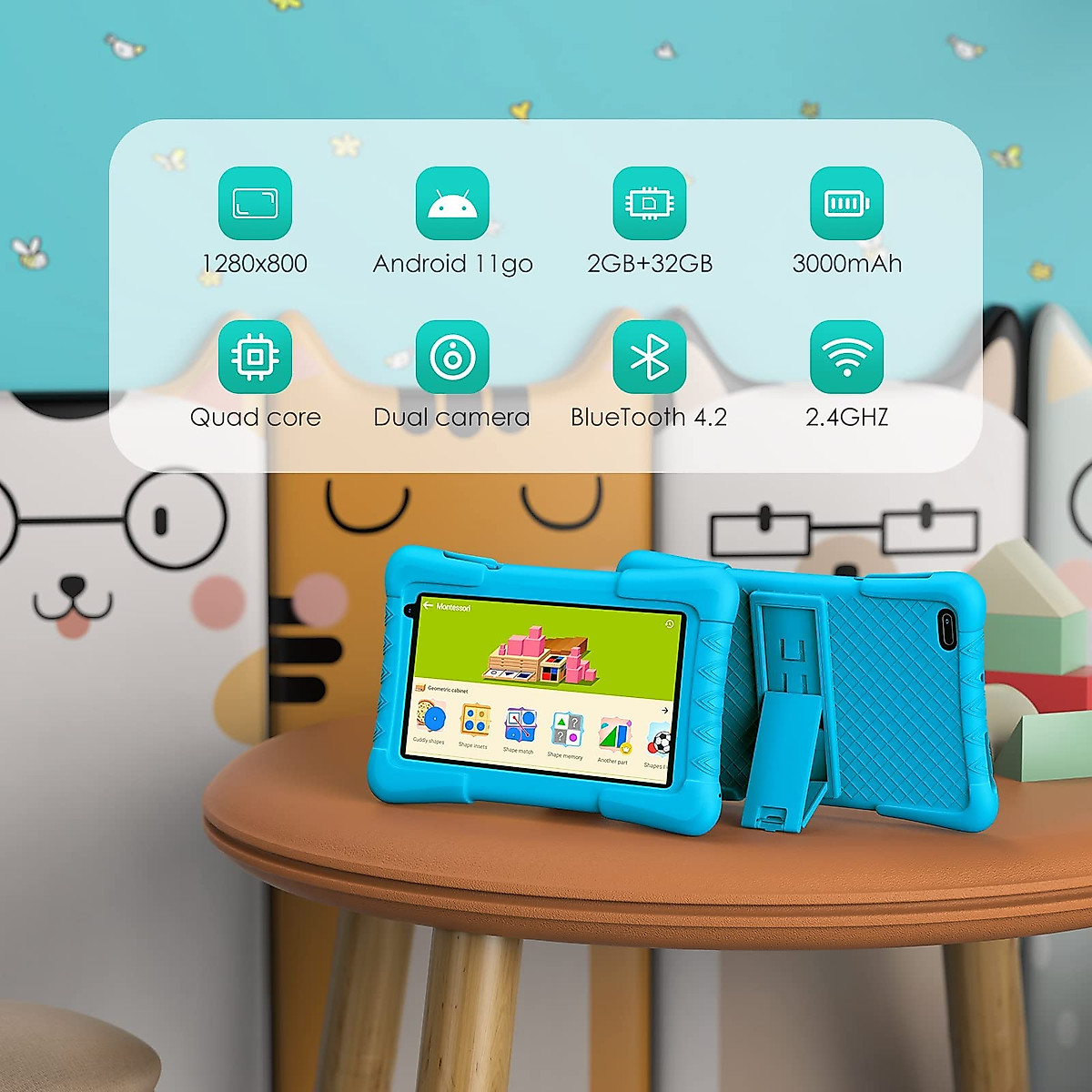 TOSCiDO 7 inch Kids Tablet, Tablet for Kids, Android 11 go,2GB RAM 32GB ROM, Quad Core Processor, IPS HD Display, Parental Control, WiFi, Dual Cameras with Kids Tablet Case - Blue