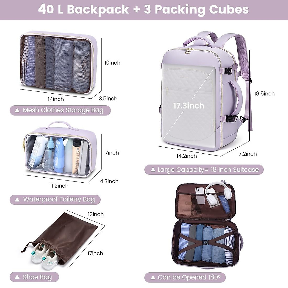 LOVEVOOK Large Travel Laptop Backpack for Women, 40L Carry On Backpack Flight Approved,Waterproof Suitcase Backpacks with 3 Packing Cubes, Daypack Business College Weekender Overnight, Light Purple