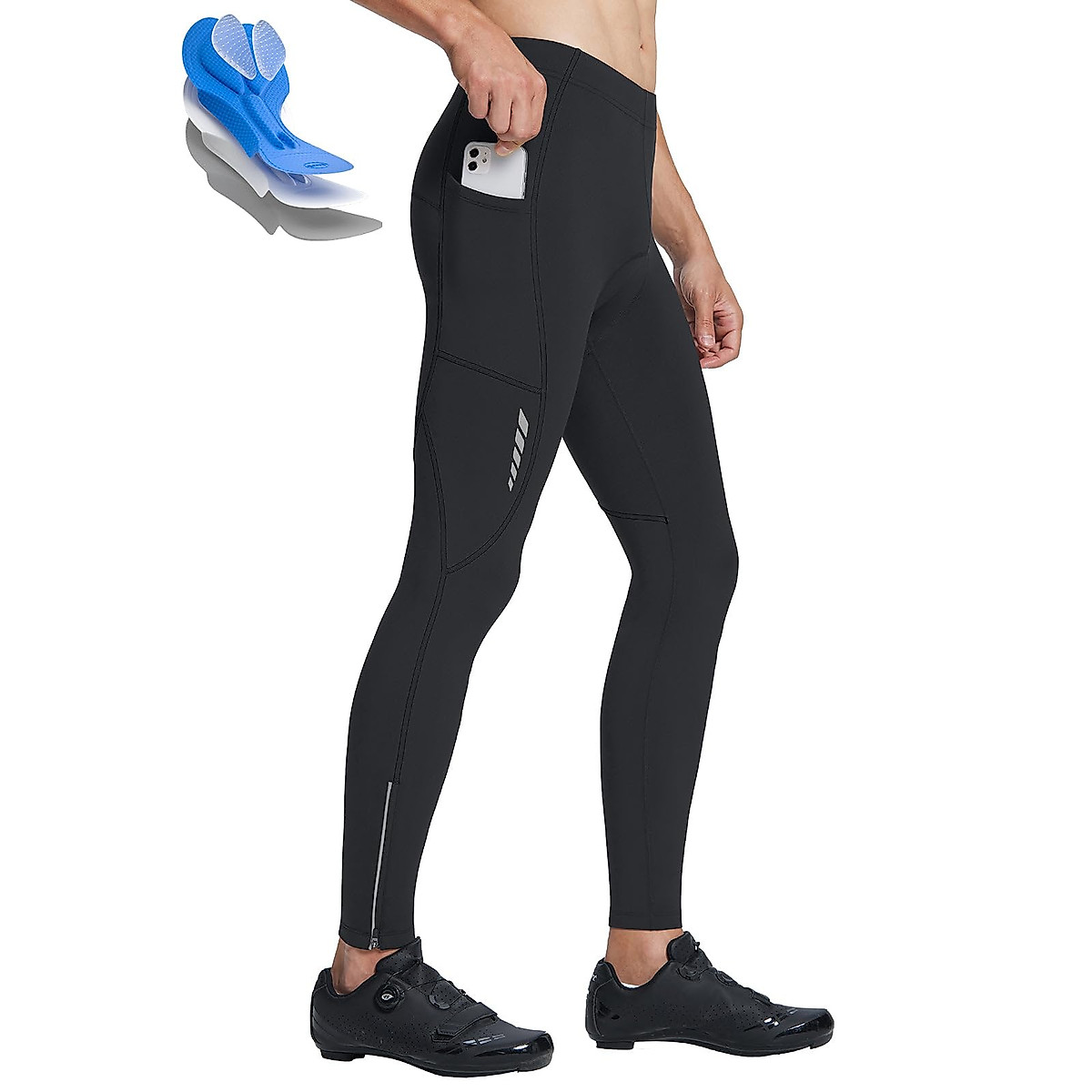 BALEAF Men's Thermal Cycling Pants, 4D Padded Winter Bike Tights Fleece Lined Bicyble Riding Leggings Black L