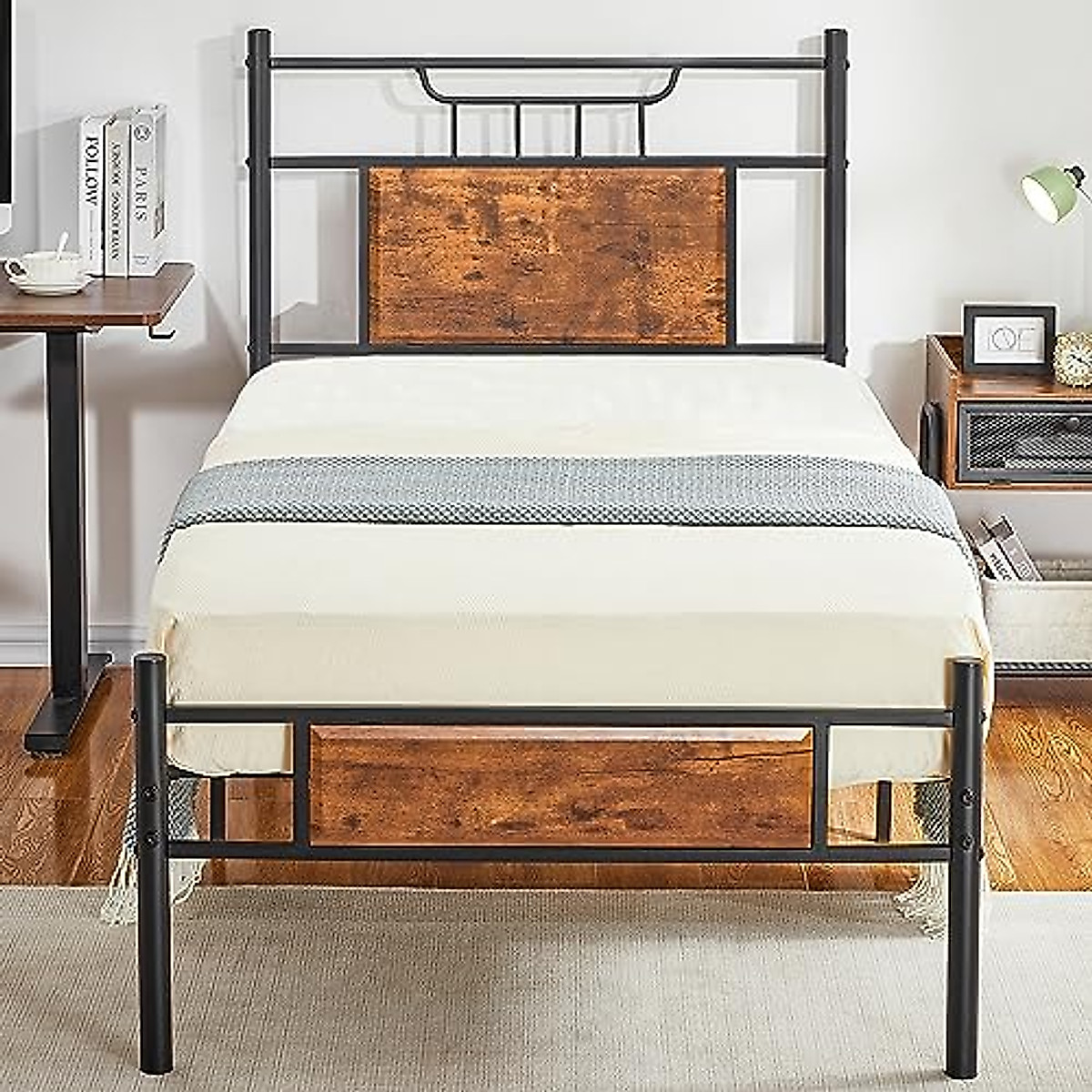 VECELO Twin Size Platform Bed Frame with Wood Headboard/Mattress Foundation/Premium Steel Slats Support/No Box Spring Needed,Brown(Crown)