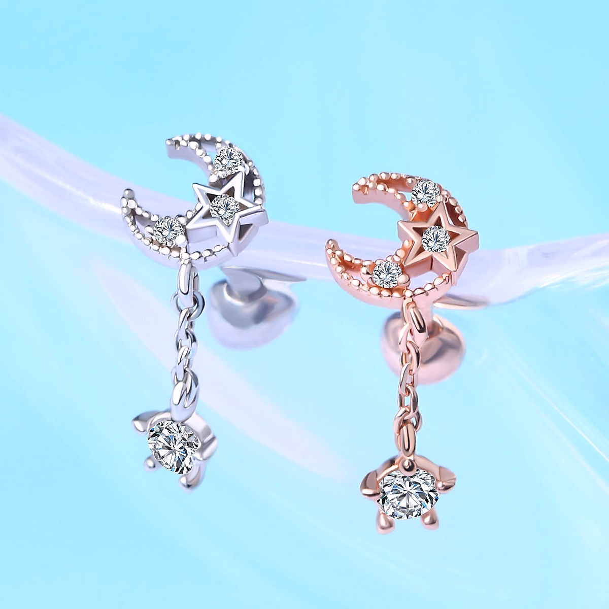 OUFER 16G Stainless Steel Cartilage Earring Moon with CZ Dangle Tragus Earrings Cartilage Earring Stud