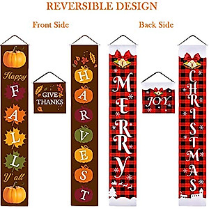3 Pieces Christmas Thanksgiving Reversible Banner Christmas Thanksgiving Porch Sign Merry Christmas and Fall Harvest Banner Christmas Plaid Hanging Banner for Holiday (Brown, Red and Black Plaid)