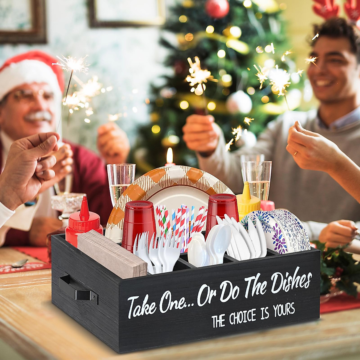 Kitchen Countertop Paper Plate Holders Utensil Caddy, Wood Utensil Holder Organizer for Plate Cup Fork Knives Spoon Napkin, Silverware Caddy Holder Condiment Caddy Organizer for Party Camping BBQ