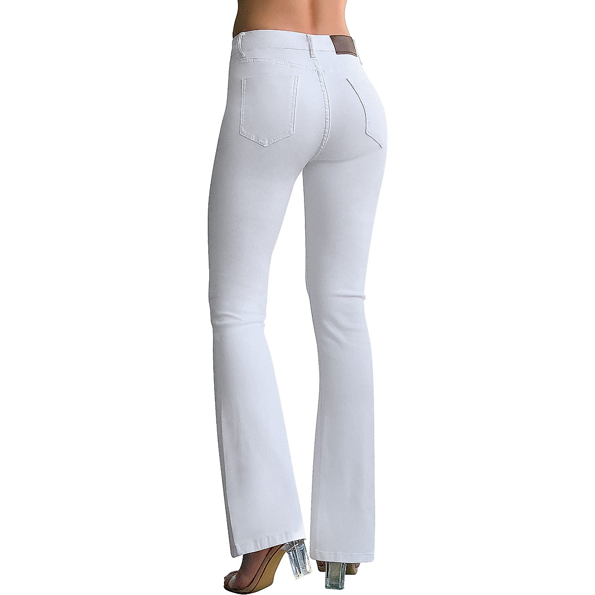 roswear Womens Mid Waist Bell Bottom Stretchy Flare Jeans Pants White Small