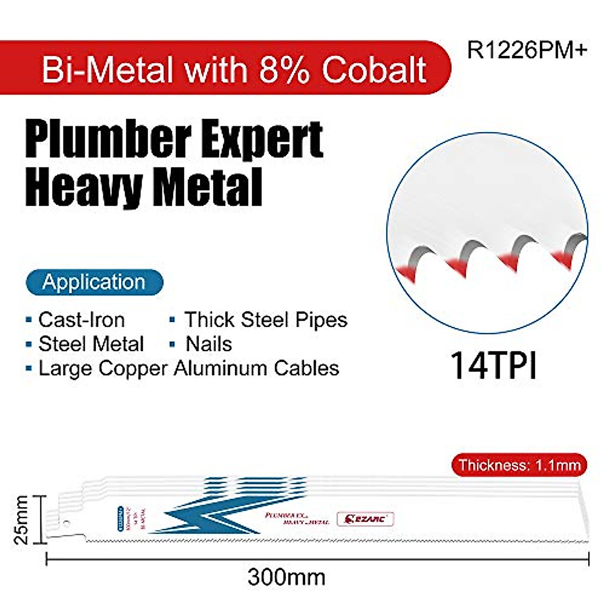 EZARC Reciprocating Saw Blade Bi-Metal Cobalt Sabre Saw Blades for Heavy Metal Cutting 12-Inch 14TPI R1226PM+ (5-Pack)