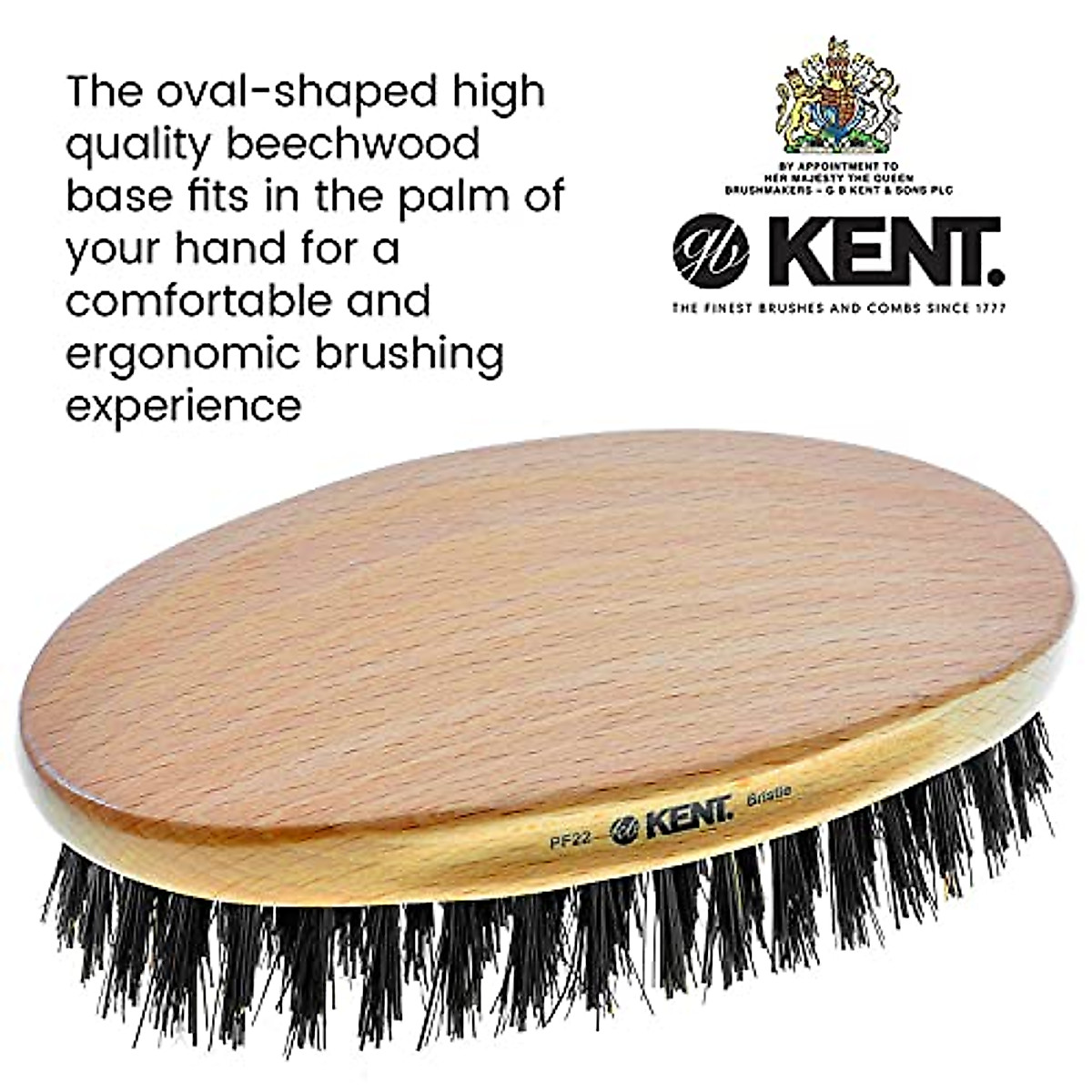 Kent PF22 Oval Men Military Hair Brush, Black Boar Bristle and Nylon Bristle Mix for Mens Grooming Hair and Beard, Scalp Brush, 360 Wave, and Facial Brush for Beard Care. Made in England