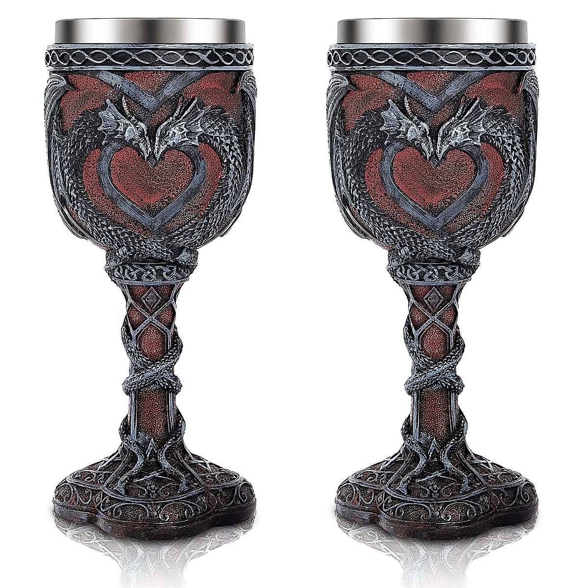 Jinei 2 Pcs Medieval Dragon Wine Goblet Valentines Dragons Wine Chalice 7 oz Resin Dragon Cup Gothic Wine Glass Romantic Stainless Steel Drinking Cup for Wedding Girlfriend Wife Presents(Classic)