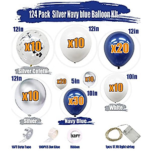 Navy Blue Silver Balloon Arch Garland Kit, 124 Pack Navy Silver White Confetti Balloons with Balloon Accessories and LED String Light for Graduation Baby Shower Wedding Birthday Party Supplies