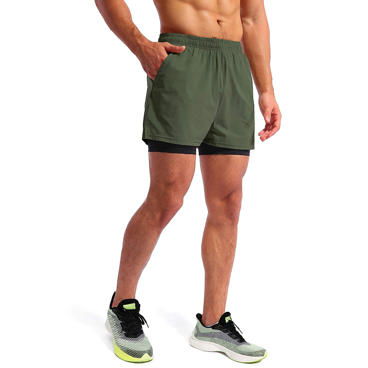 Pudolla Men’s 2 in 1 Running Shorts 5" Quick Dry Gym Athletic Workout Shorts for Men with Phone Pockets(Dark Green Medium)