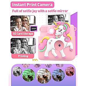 Kids Camera Instant Print with Silicone Cover, Creative Gifts for Girls Age 4-12 Birthday Christmas, 1080P Digital Camera Toy with 32GB SD Card - Pink