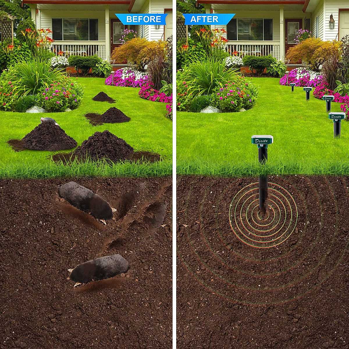 Solar Mole Repellent, 10 Pack Ultrasonic Mole Repellent Solar Powered, Waterproof Vole Gopher Repellent for Garden & Yard (Green)