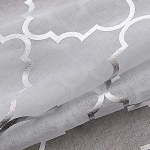 YJ YANJUN White Silver Kitchen Curtains 45 Inch Length Metallic Prin Short Curtains for Small Window Sheer Curtains 45 inch Length Set of 2 Panels 52 W x 45 L Inch White/Silver
