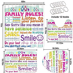 Ikfashoni 4Pcs Family Rules Shower Curtain Set with Non-Slip Rugs, Toilet Lid Cover and Bath Mat, Kids Educational Shower Curtain with 12 Hooks, Durable Waterproof Fabric Shower Curtain for Bathroom