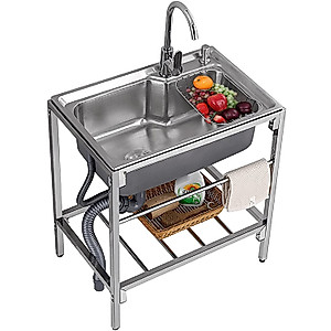Stainless Steel Utility Sink Single Bowl Commercial Restaurant Kitchen Sink with Storage Shelve Laundry tub & Hot and Cold Faucet Free Standing Sink for Laundry Backyard Garage(28x18.5x29.5in)