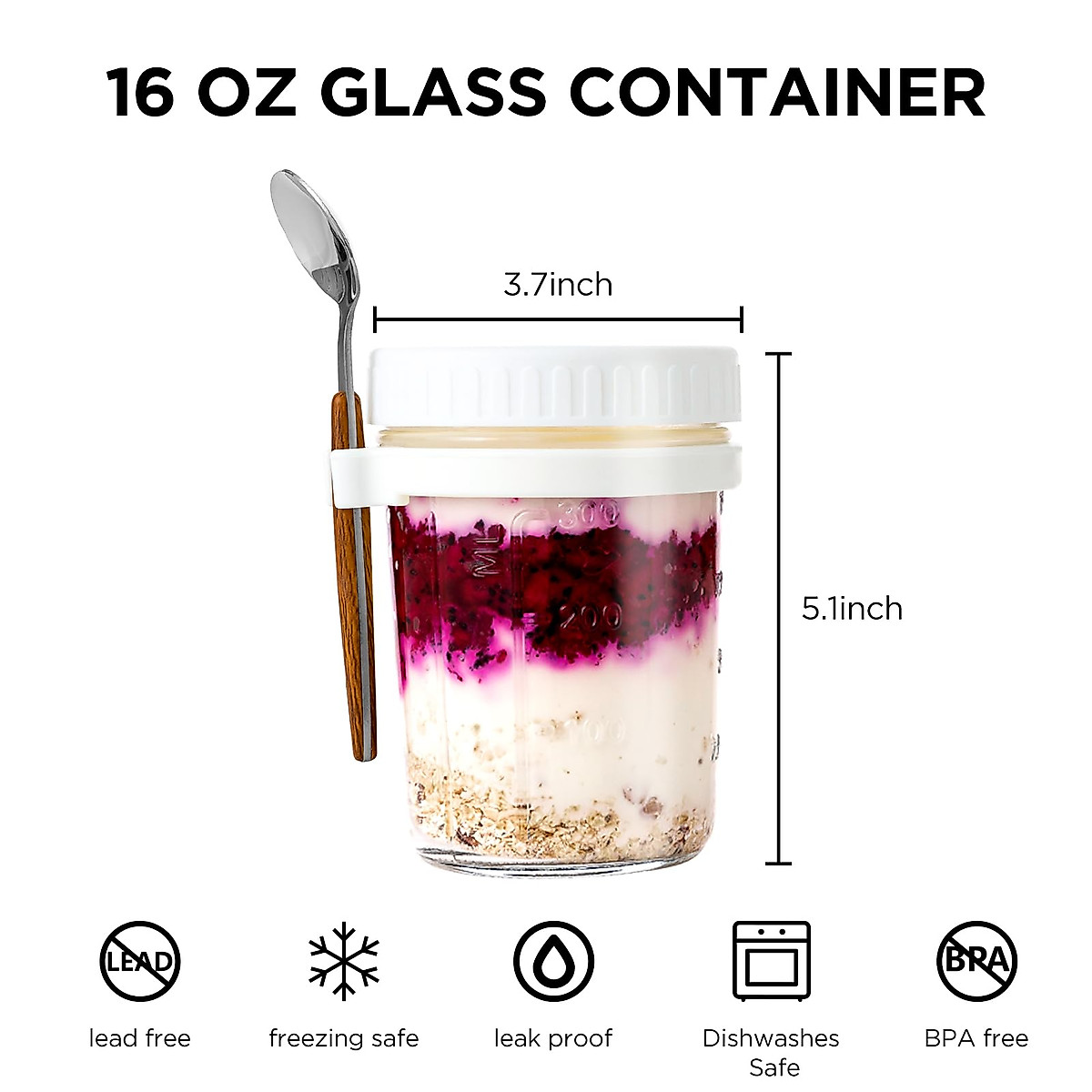 Famyards 4 Pack Overnight Oats Containers with Airtight Lids and Spoons, 16 oz Glass Mason Jars with Measurement Marks, Oatmeal Jars for Cereal, Yogurt, Milk, Salads, Fruit (4 White)