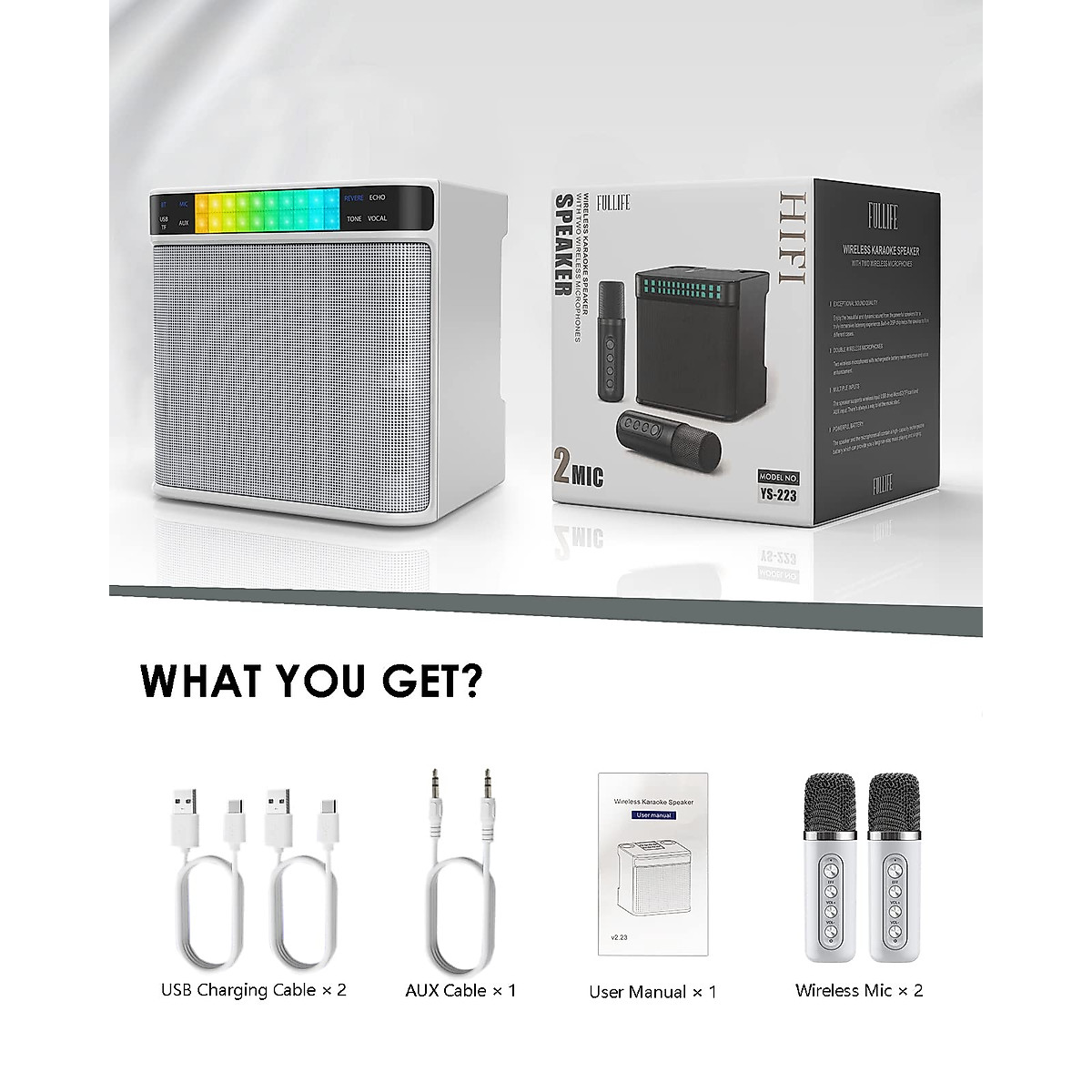 Karaoke Machine with 2 Wireless Microphones, FULLIFE 2024 3000mAh Portable Bluetooth Karaoke Speaker for Adults/Kids, PA System with RGB Light, Echo, Support TF/USB/AUX, Home Karaoke Set for Parties