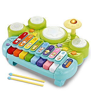 Fisca 3 in 1 Musical Instruments Toys, Electronic Piano Keyboard Xylophone Drum Set - Learning Toys with Lights for Baby & Toddler 1 2 3 Year Old Boys and Girls