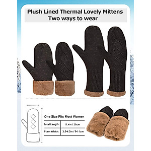 Thick Snow Hat-and-Mittens Set for-Women Black, Warm Faux Fur Pom Pom Beanie-with-Gloves Cute Pompom Ladies Winter Caps