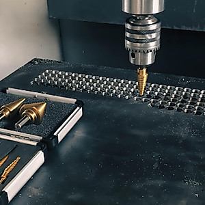 COMOWARE Step Drill Bit Set 5-Piece Titanium-Coated with Automatic Center Punch - Short Length, Double Cutting Blades, High-Speed Steel - Covering 50 Sizes, Complete with Aluminum Case