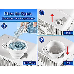 Portable Air Conditioners, 4-IN-1 Evaporative Personal Air Cooler Humidifier with 3 Speeds 7 Colors Light, 1-8H Timing Mini Personal Air Conditioner Fan, USB Quiet Air Cooler for Room Office Desk