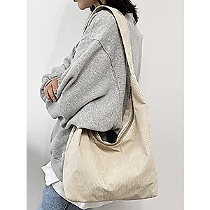 GORGLITTER Women's Corduroy Tote Bag Casual Zipper Handbag Big Capacity Shoulder Bag Beige One Size