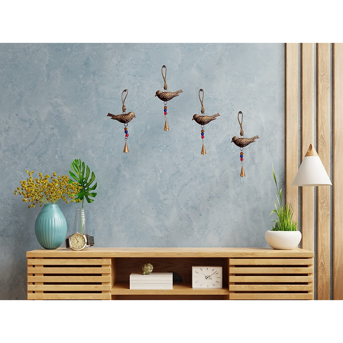 Mie Creations Sparrow Décor, Metal Birds Carved Wings, Feather (Set of 4) | Wildlife Wall Art Hanging, Garden Miniature Ornaments for Crafts, Home | Rustic Gold Bird Figurines with Jingle Bells-4.5''