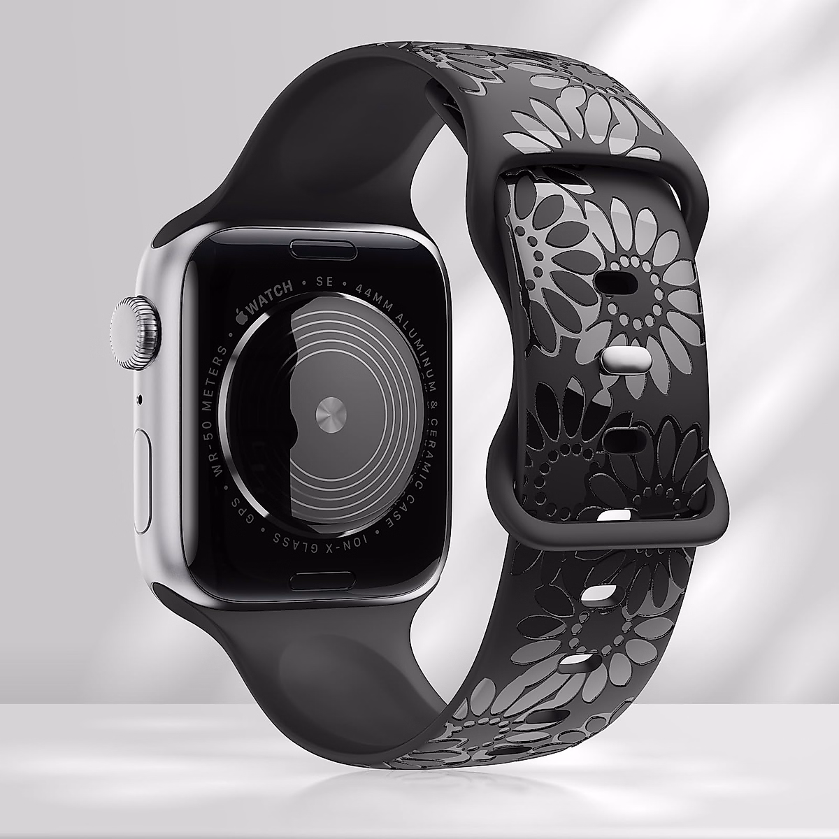 Sunflower Engraved Band Compatible with Apple Watch Bands 38mm 40mm 41mm 42mm 44mm 45mm 49mm Women, Designer Soft Glossy Floral Silicone Strap for iWatch Series Ultra 9 8 7 6 SE 5 4 3 2, Black-38