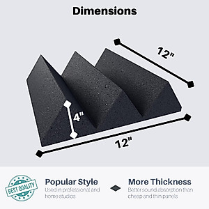 Bass Absorbing Wedge Style Panels - Soundproofing Acoustic Studio Foam - 12"x12"x4" Tiles - 2 Pack - DIY (Charcoal)