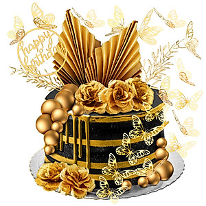52 Pcs Flower Toppers for Cake Gold Balls Decorations Boho Topper Butterfly Birthday Wedding Baby Shower Party Decoration(Gold)