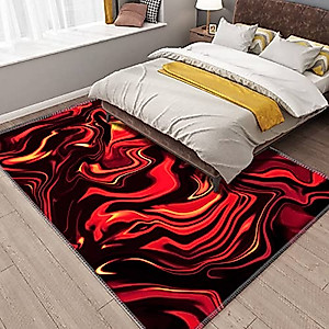 Modern Abstract Red Marble Area Rugs for Living Room Kitchen Bedroom Abstract Flame Fire Red Yellow Black Marble Background Wave Swirl Bathroom Rugs Stain Resistant Carpet Mat Pad Home Decor