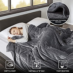 Beautyrest Reversible Microlight to Sherpa Electric Blanket, Auto Shut Off, Virtually Zero EMF, Multi Heat Setting, UL Certified, Machine Washable, Grey King (90 inx100 in)